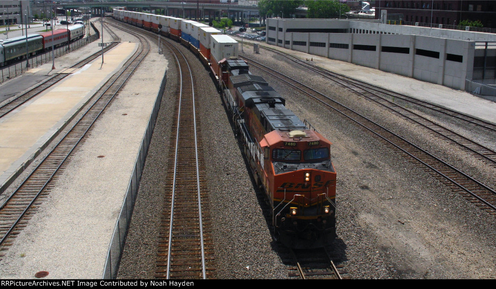 BNSF 7480 Leads a stack train though Kansas City